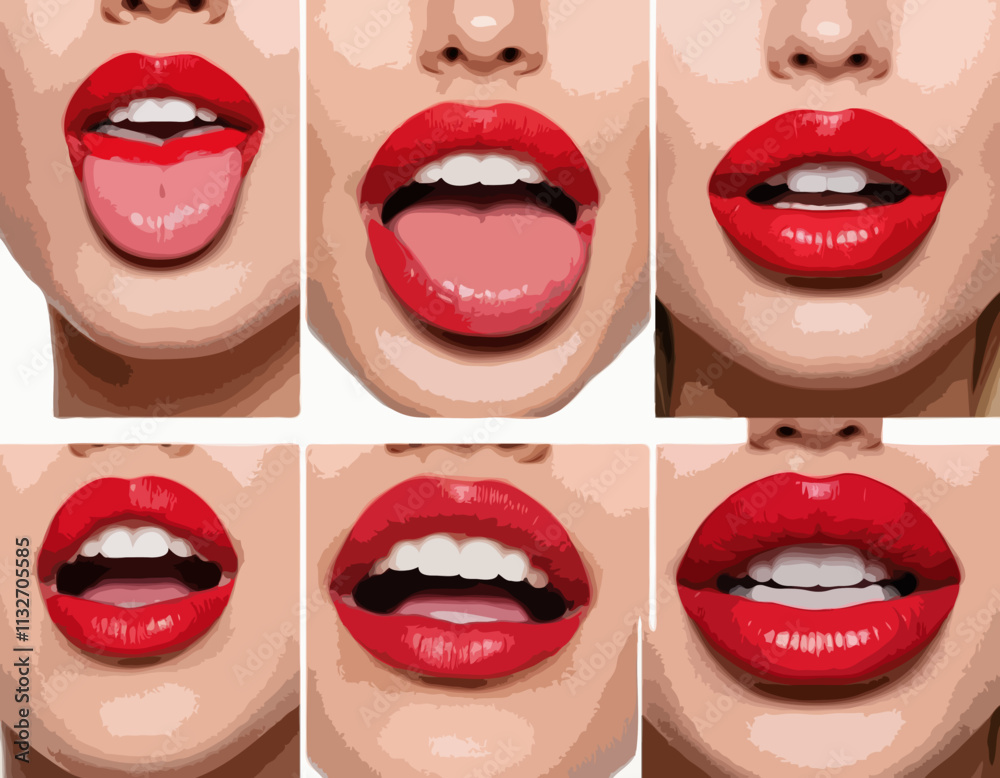 Red lips collection. Vector illustration of sexy woman's lips expressing different emotions ...
