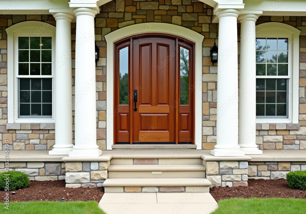 Main entrance door in house. Wooden front door with gabled porch and ...