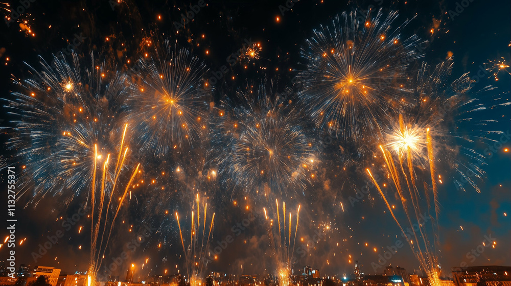 Fireworks display lighting up the night sky during a festive ...
