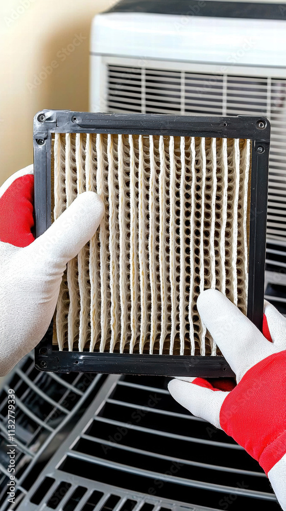 Furnace furniture. A person holds an air filter while working on an air ...