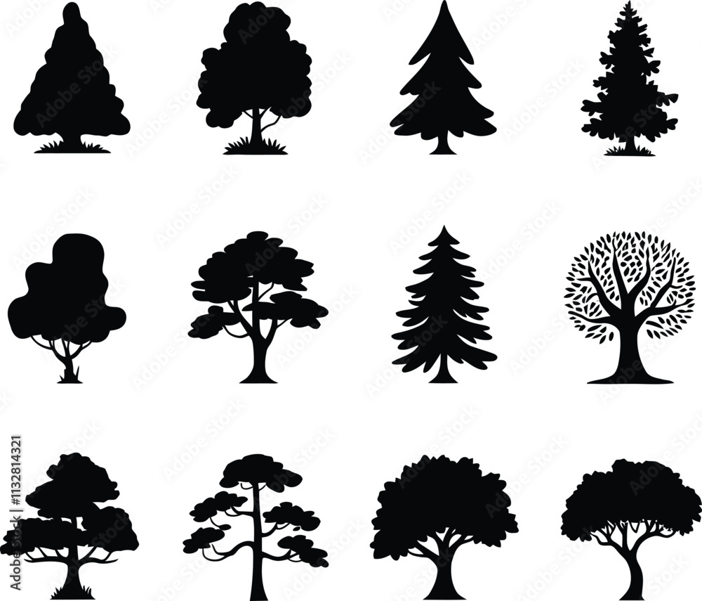 silhouette tree line drawing set, Side view, set of graphics trees ...