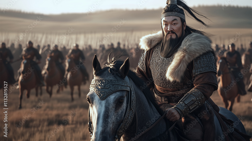 Genghis Khan leading Mongol cavalry into battle, historical ...