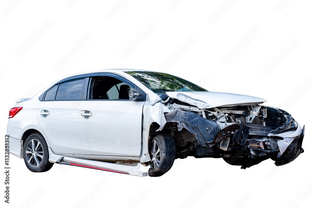 Car crash, Full body front and side view of white car get damaged by ...