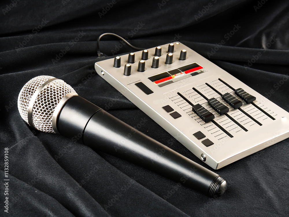 black wireless microphone and sound equalizer placed on a black cloth ...
