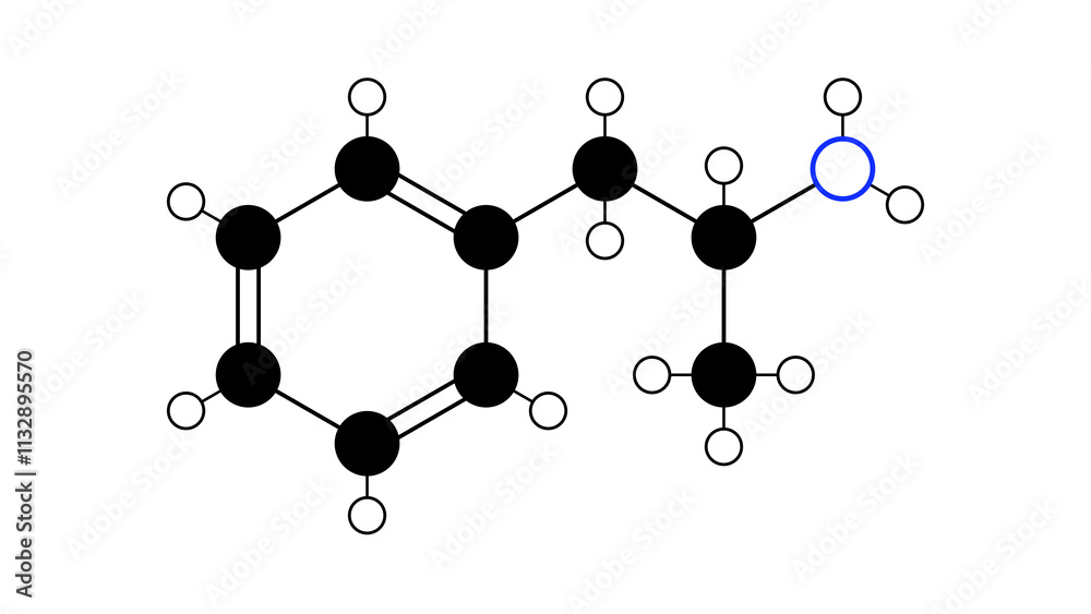 Dextroamphetamine molecule, structural chemical formula, ball-and-stick ...
