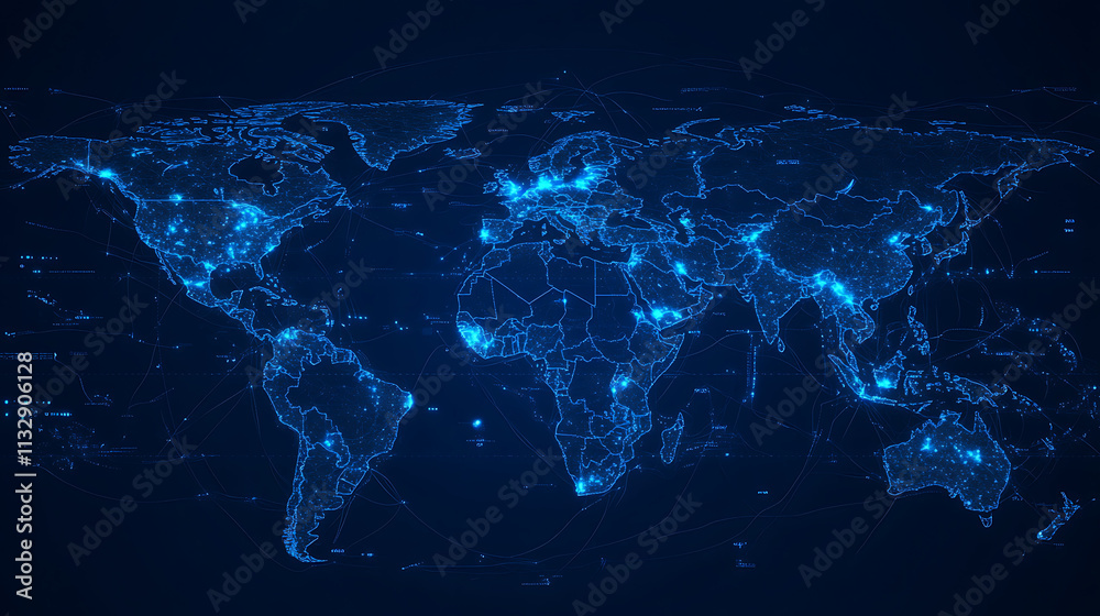 International Network Map with Flight Route Visualizations Stock ...