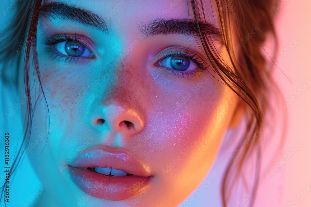 Close-up portrait of a young woman with vibrant skin under bold ...