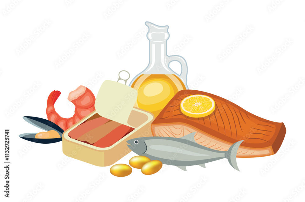Sources of omega-3 fatty acids vector illustration. Fish oil supplement ...
