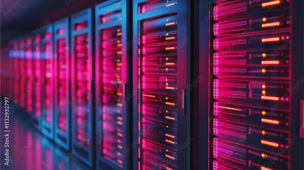 Cyberpunk Data Center: Neon Glow. A mesmerizing row of server racks ...