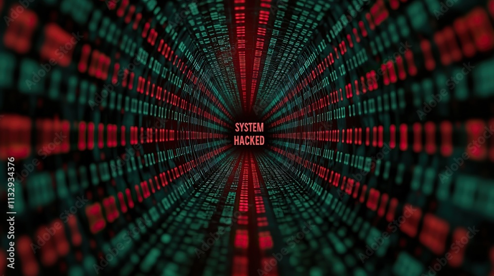 A tunnel of green and red binary code converges, with "SYSTEM HACKED ...