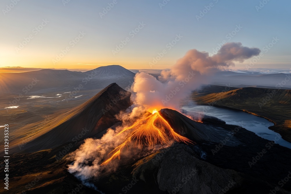 Dramatic volcanic eruption at sunset captures the power of nature in a ...