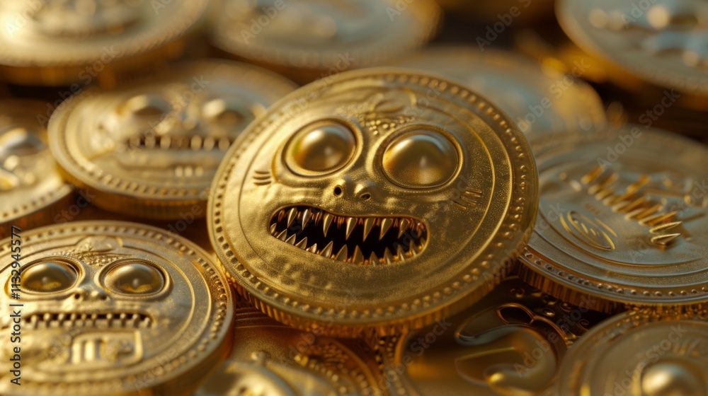 A display of gold coins with monstrous faces, one centrally large and ...