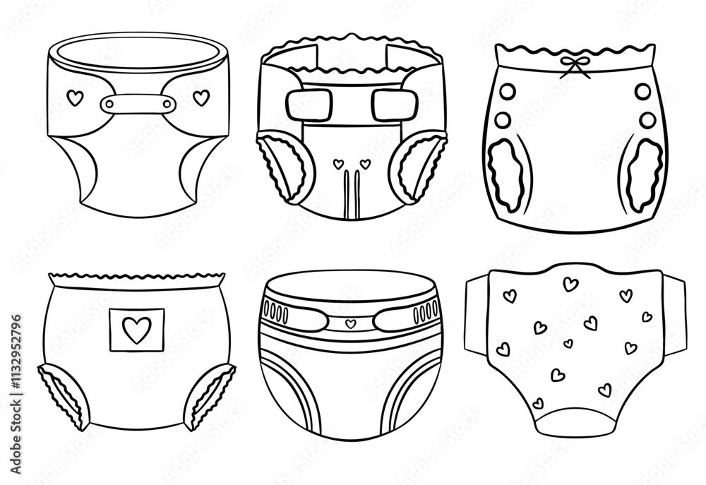 Baby diapers line drawing, outline. Diapers types, diaper changing ...