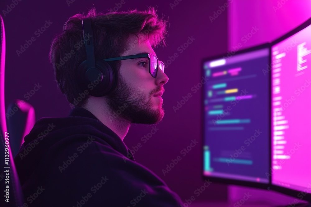 dynamic tech hub featuring developer working with ai platform on curved ...