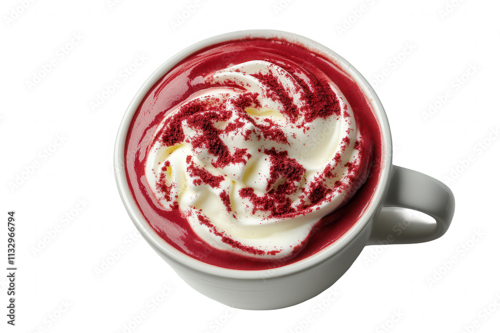This delightful cup features a rich red velvet latte topped with fluffy ...