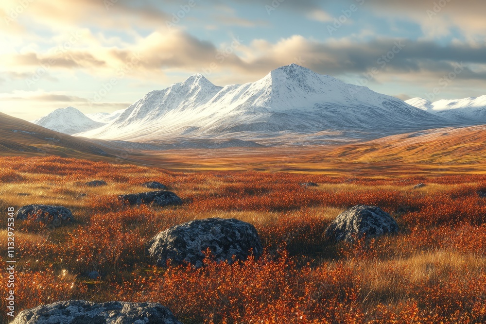Pristine tundra landscape with low shrubs and rolling hills, early ...