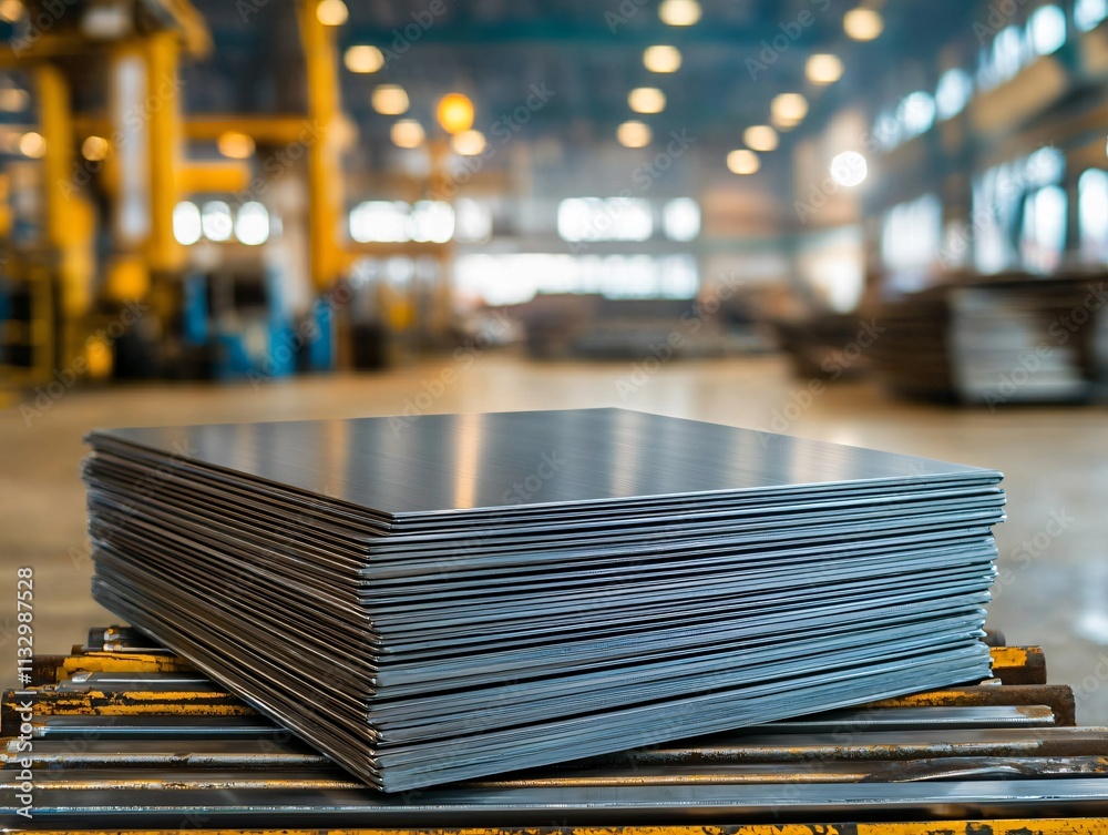 Aluminum steel and production factory. Stack of metal sheets in an ...