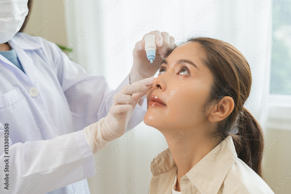 Health care concept, eye doctor eye drops to asian young woman patient ...