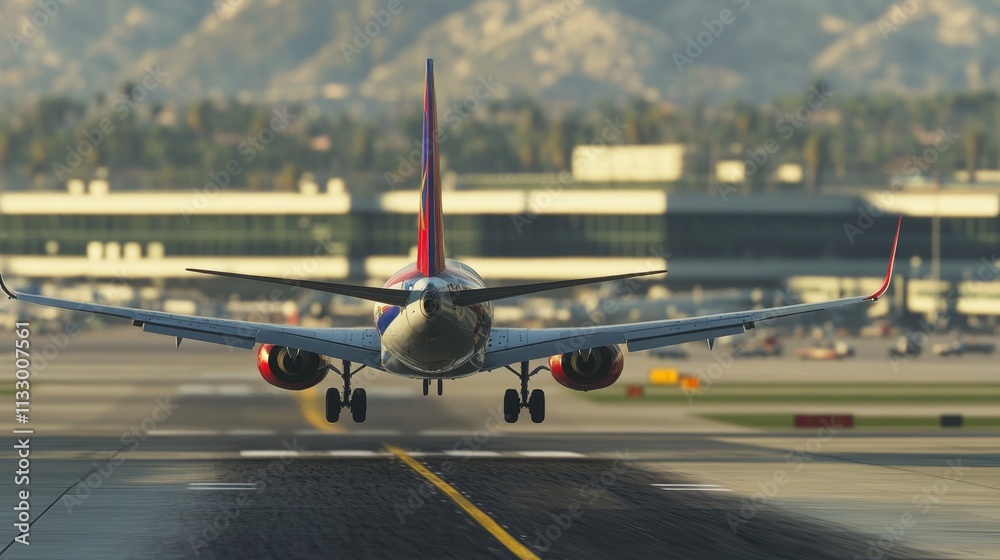 Landing aircraft approaching airport runway los angeles aviation scene ...