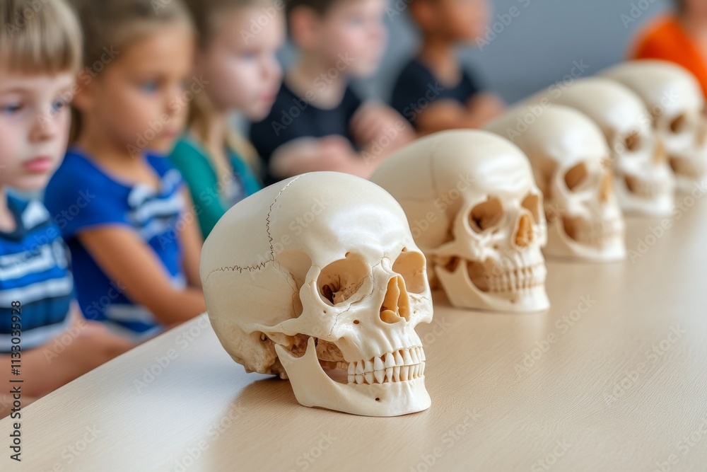 A modern classroom with students learning about human evolution using a ...