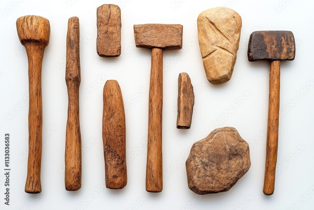 A museum display featuring replicas of tools used by Neanderthals and ...