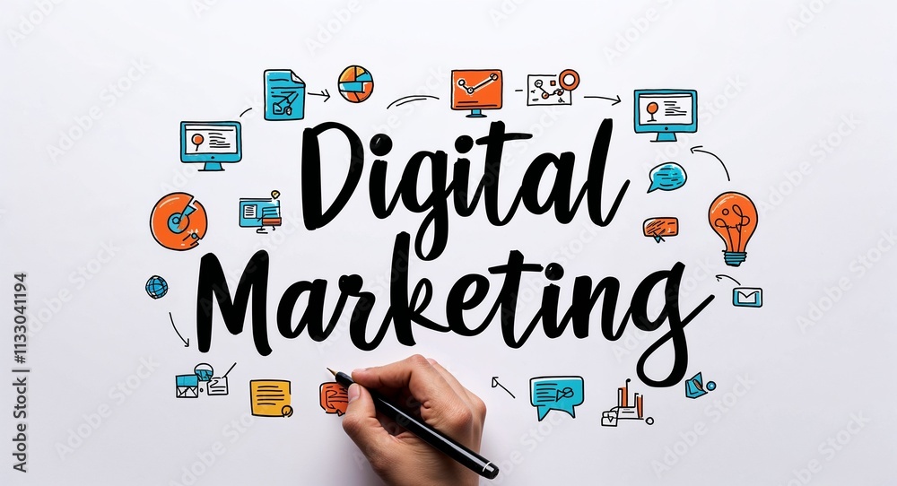 digital marketing calligraphic hand writing with blank ink on plain ...