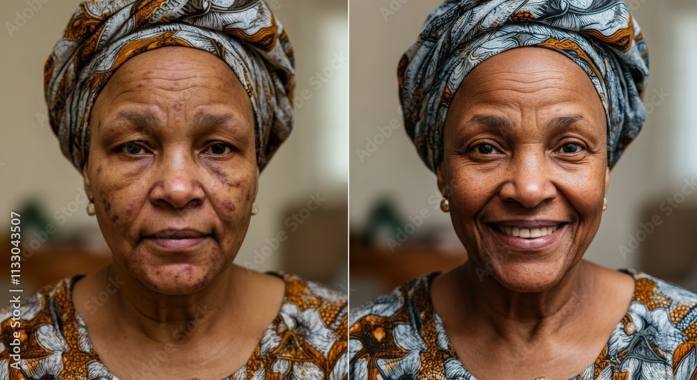 Transformation of mature african woman in traditional clothing, before ...