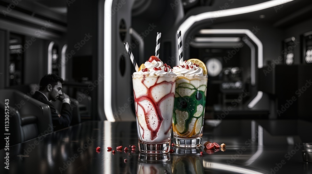 Two colorful milkshakes, one red with white cream, the other green, sit ...