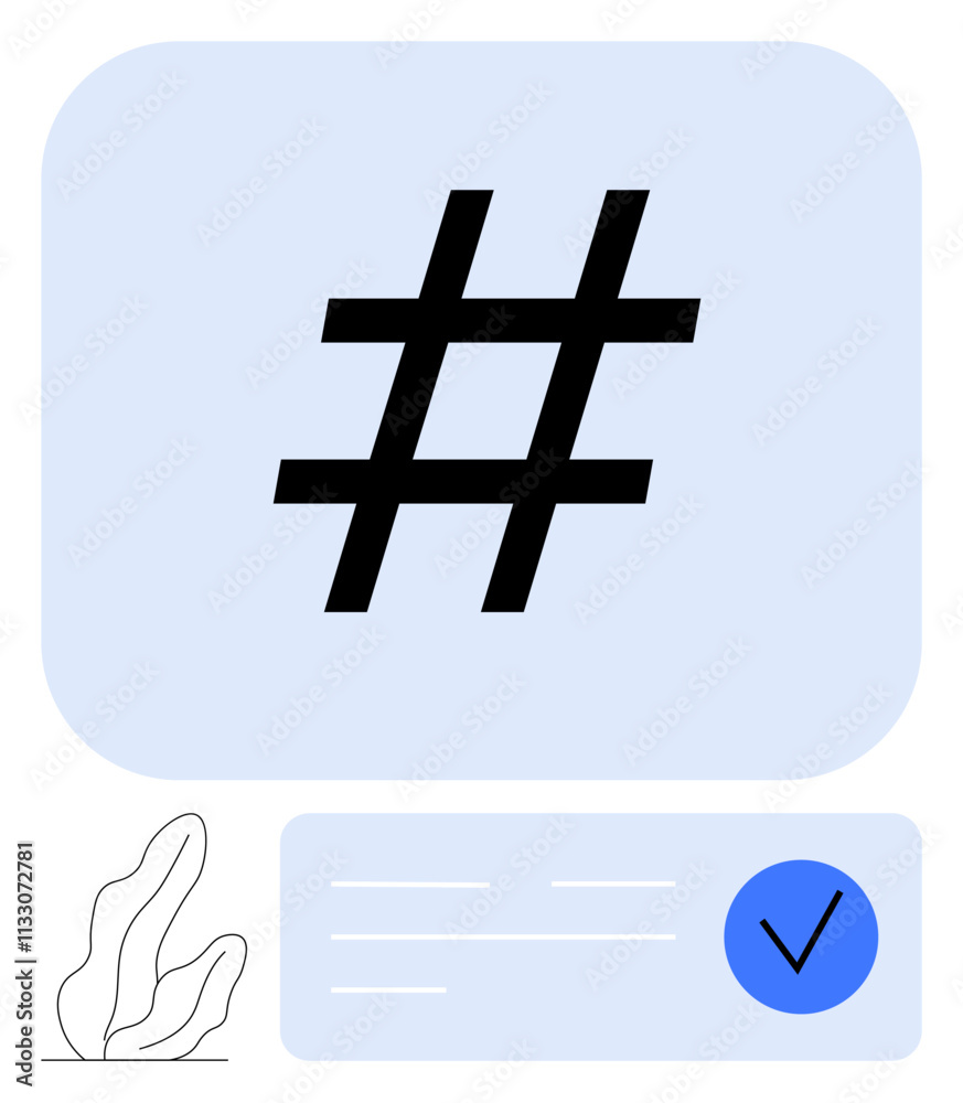 metadata tag symbol at center, blue check mark in circle, decorative ...