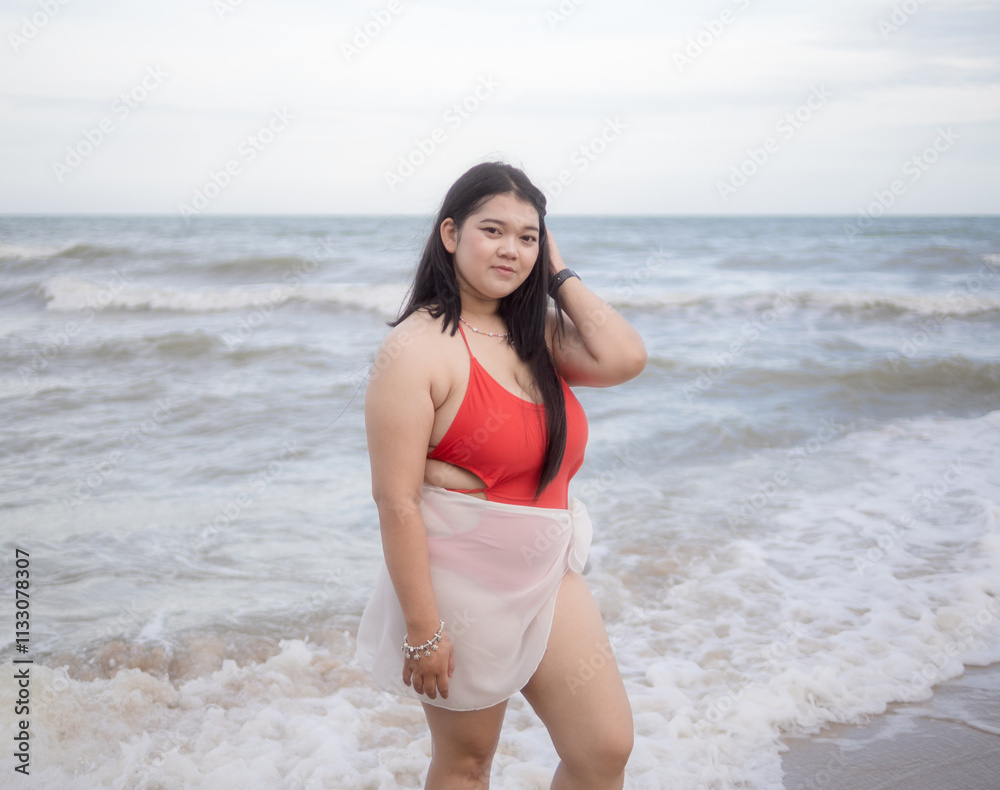 Woman young asian fat chubby cute beautiful smile happy fun enjoy relax freedom bikini swimwear ...