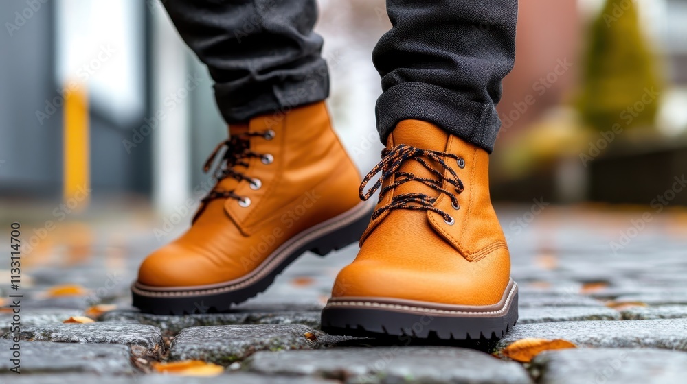 Brown boots are shown standing in an urban street, emphasizing the ...