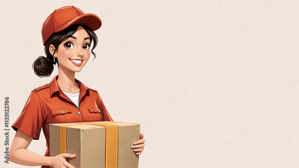 Cheerful cartoon delivery woman in a red uniform and cap holding a ...