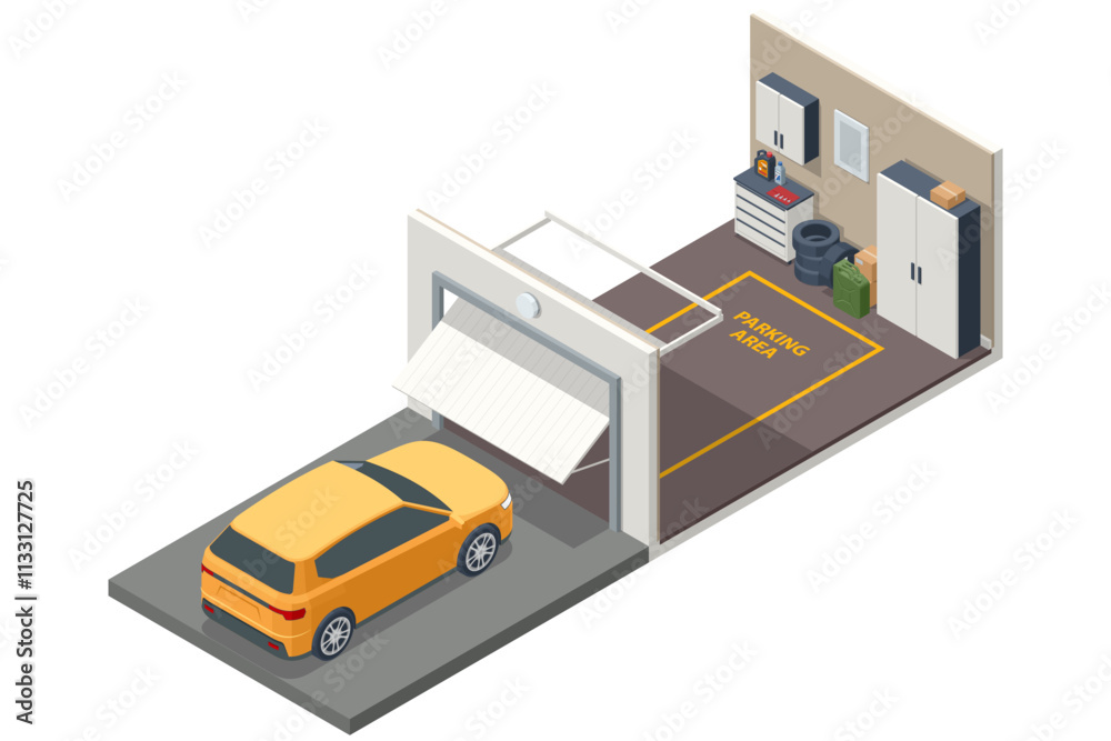 Isometric yellow car entering a private garage with the door partially ...