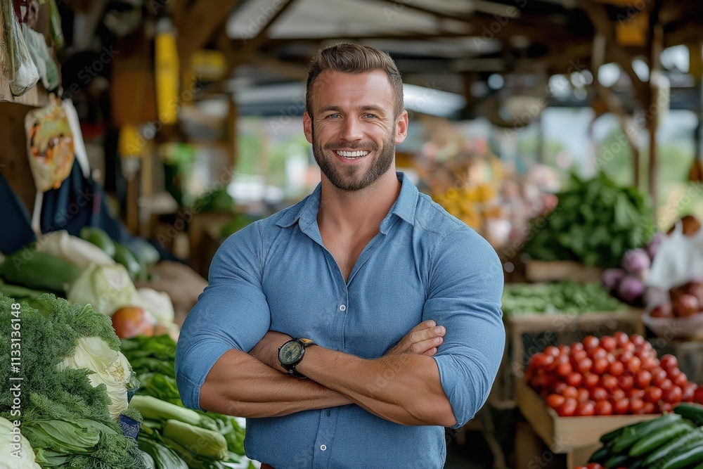 Confident farmer smiling with arms crossed, proudly standing in front ...