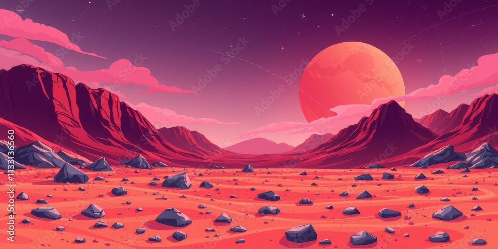 Mars surface desert landscape with red ground, sand stones, mountains ...