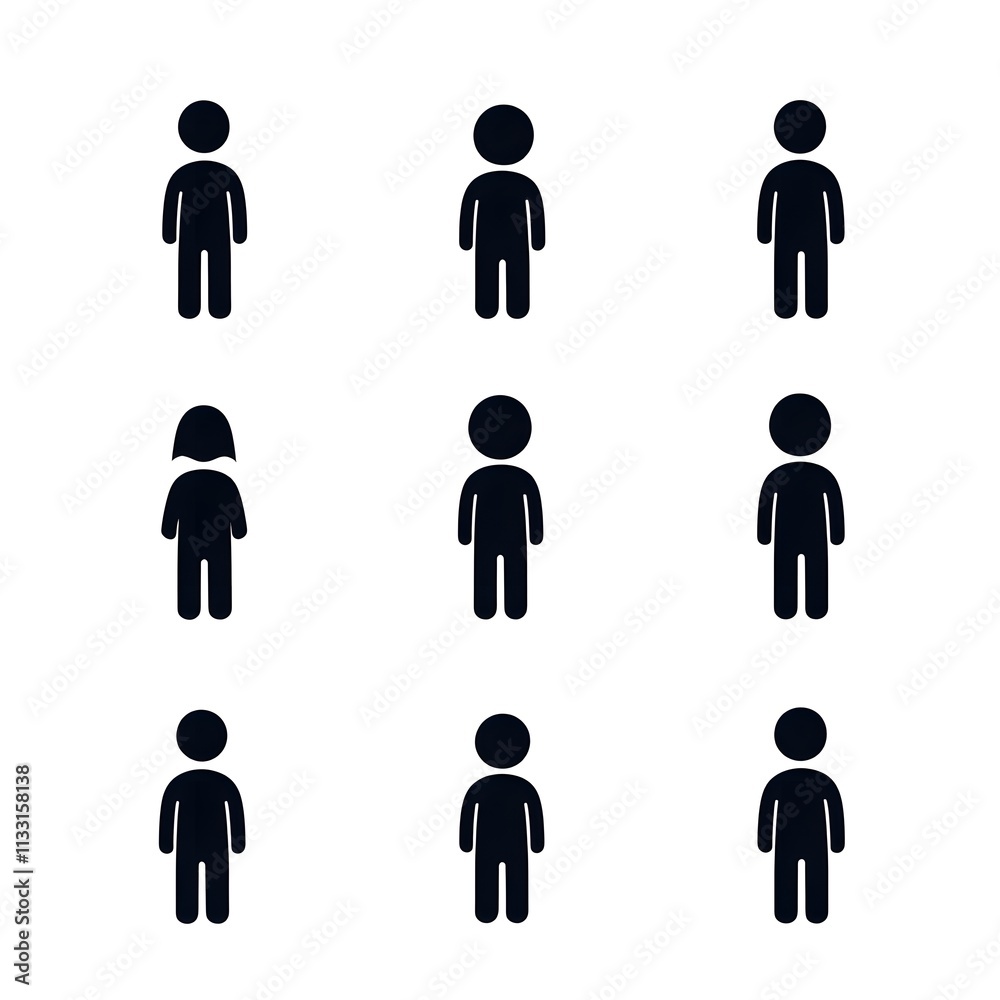 A simple grid of nine silhouette figures, including various male and ...