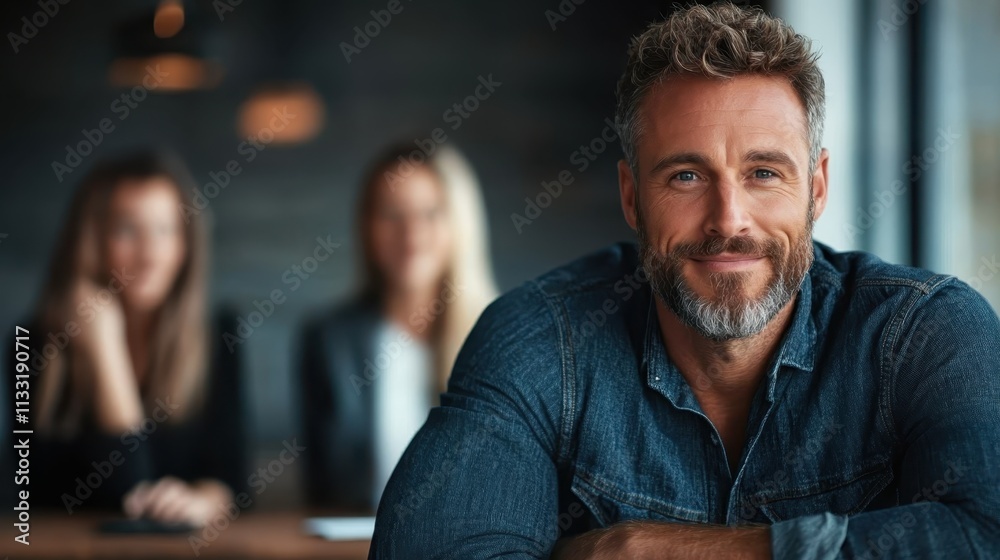 A warm smile graces the face of a confident man seated in casual attire ...