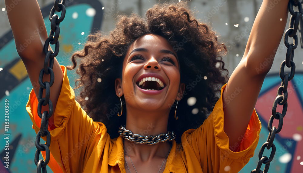 Overjoyed young woman breaking free from the chains of slavery ...