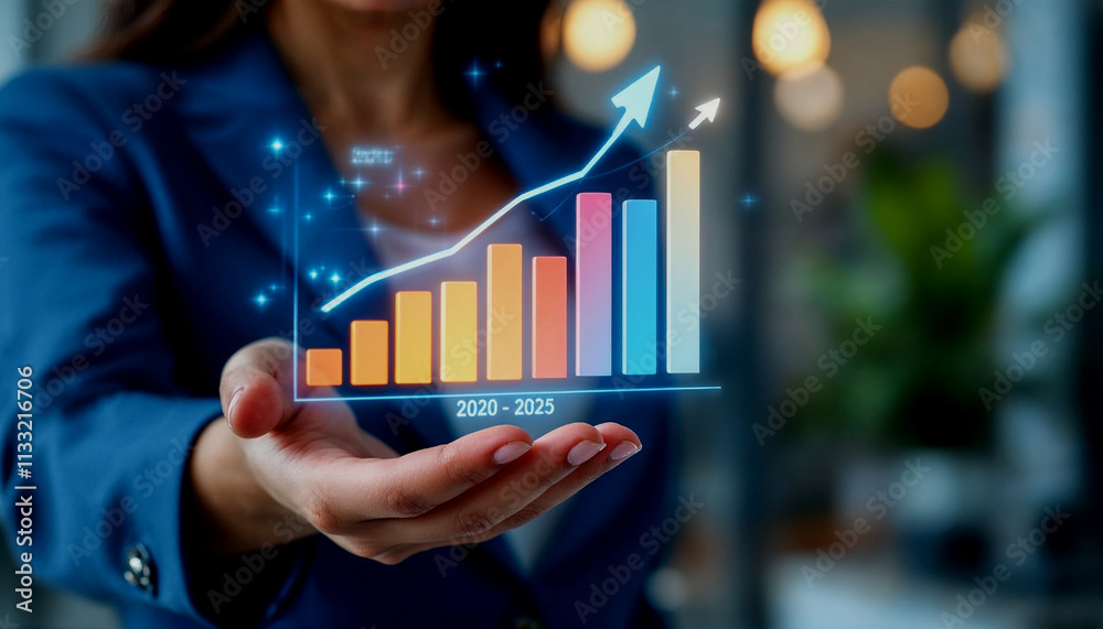 hand in a suit holding a holographic display showing a graph with ...