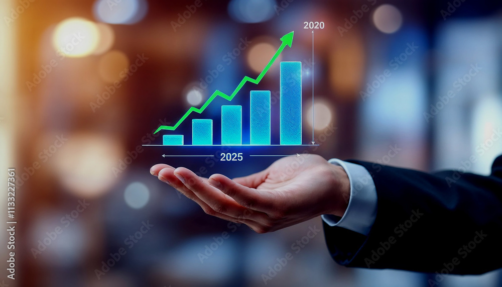 hand in a suit holding a holographic display showing a graph with ...