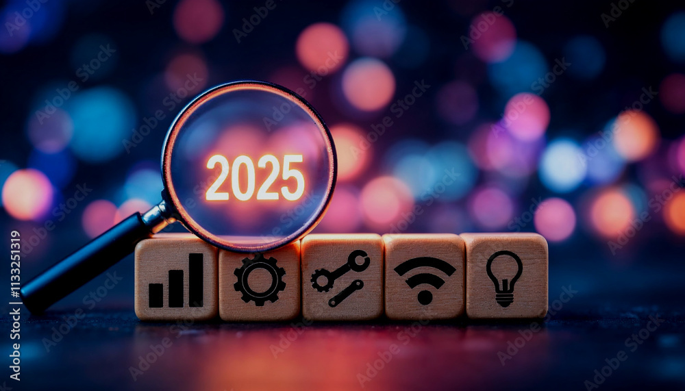 magnifying glass focuses on the year 2025, which is overlaid with ...