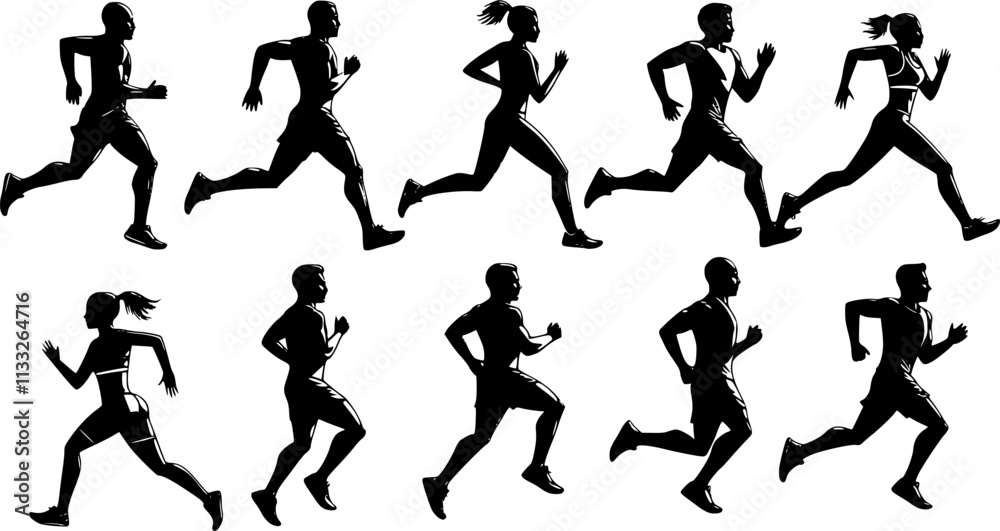 Running men and women, isolated vector silhouettes. Run, side view ...