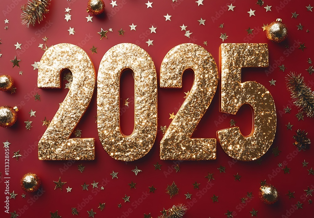 Gold 2025 numbers on a vibrant red background Stock Photo | Adobe Stock