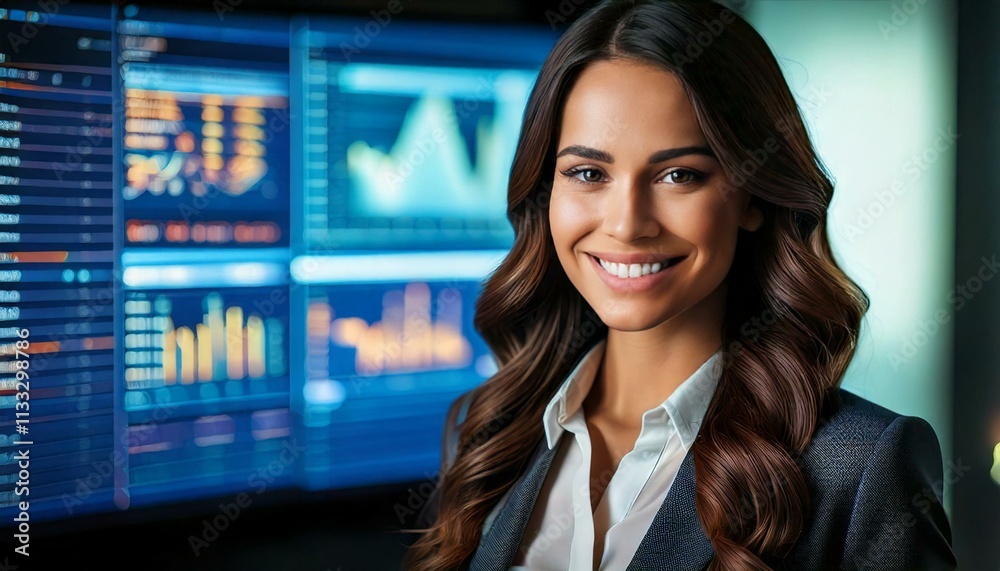 Impiegata donna mora, carina e sorridente sta davanti ad un monitor che ...