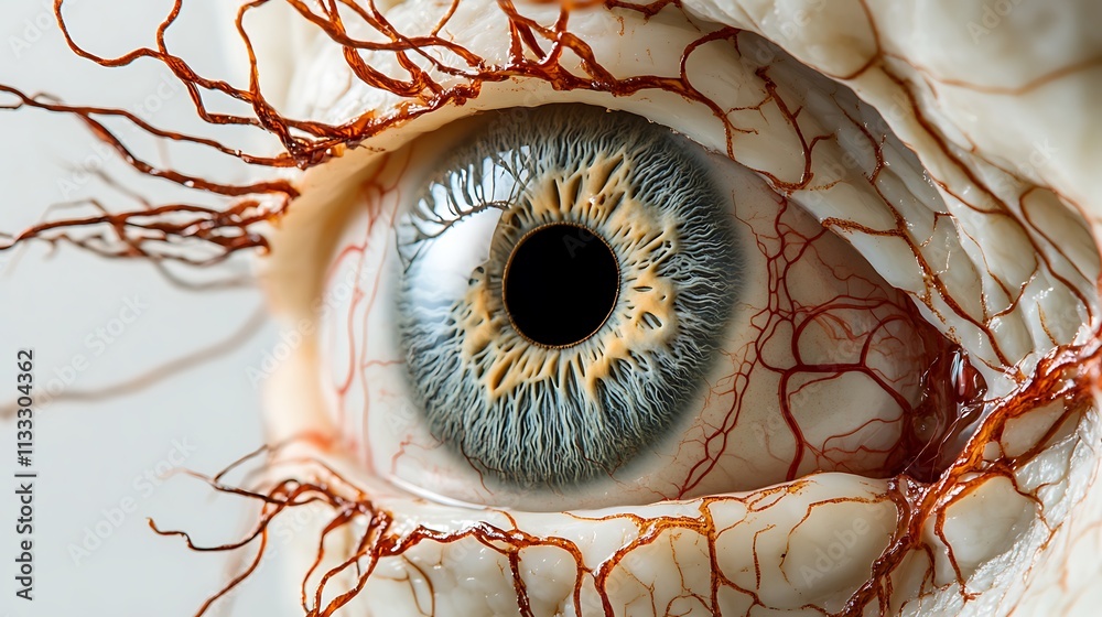 23. A close-up of an eyeball with a visible blood vessel network in the ...