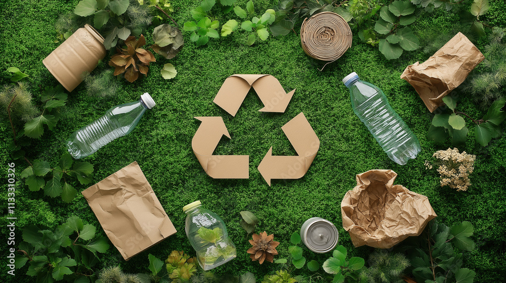 Recycling Symbol Surrounded by Natural Greenery and Recyclable Items ...