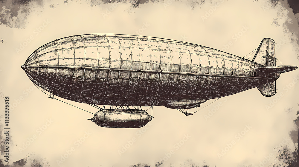 Airships, like zeppelins and blimps, drawn in an old-fashioned style ...