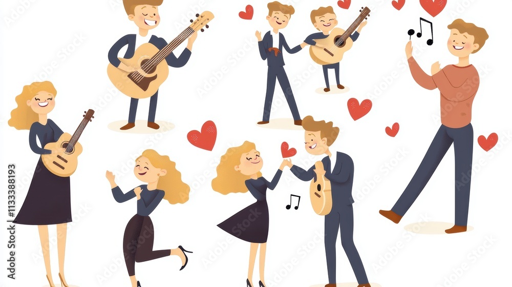 Romantic vector illustrations featuring couples expressing love with ...
