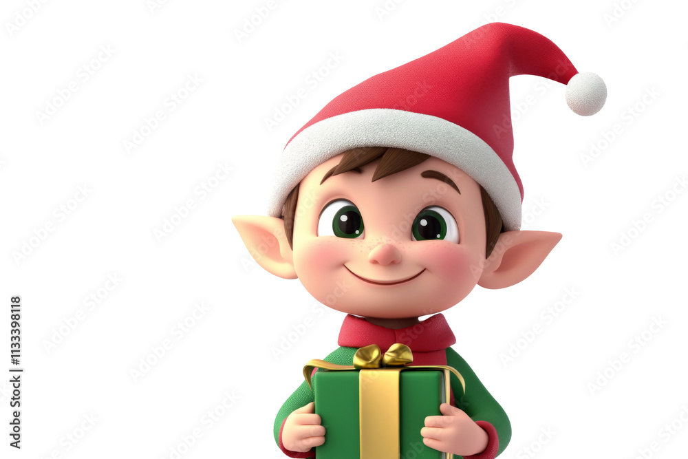 3D Christmas elf with red and green outfit holding wrapped gift box ...