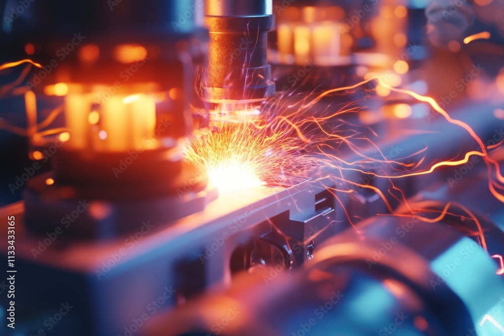 Industrial robotic arm sparks fly during metal welding process ...